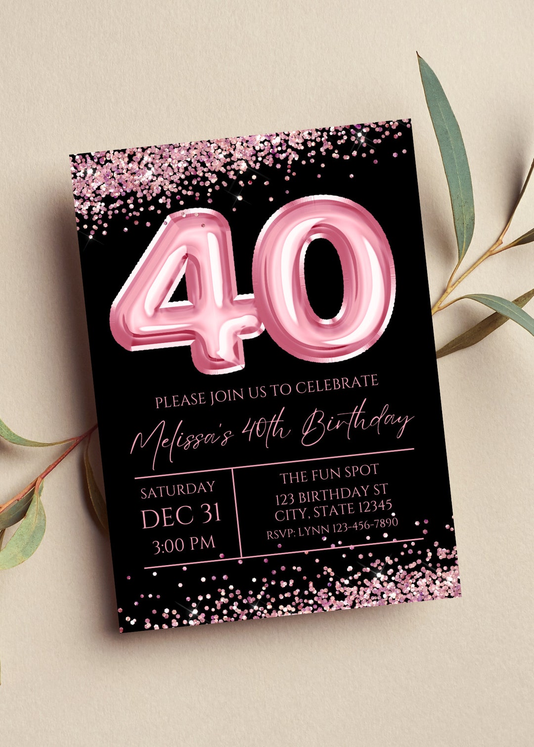 Editable 40th Birthday Invitation, Black and Pink Invitation, Pink 40 ...