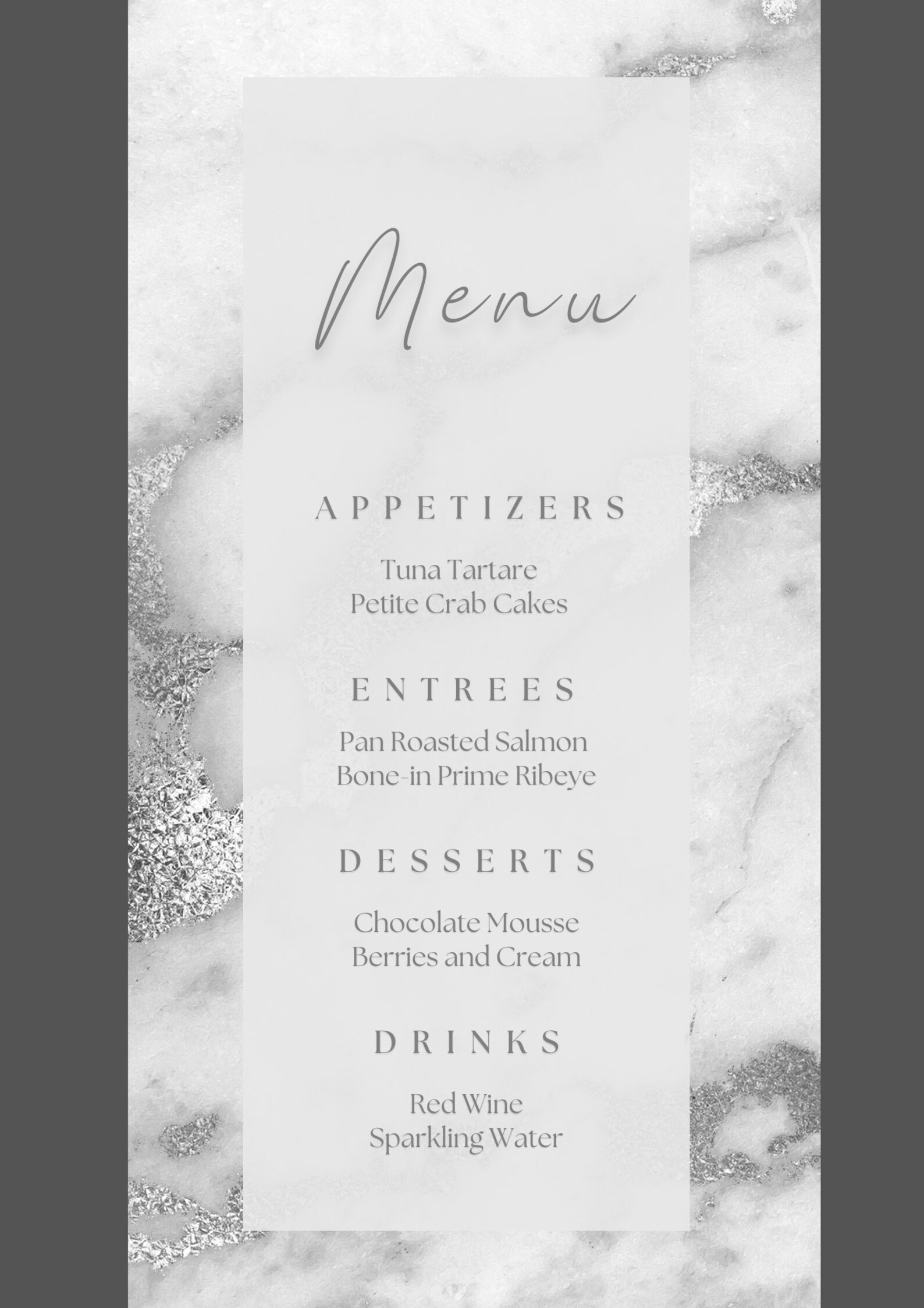 Editable White and Silver Menu Card Template Marble Design - Etsy