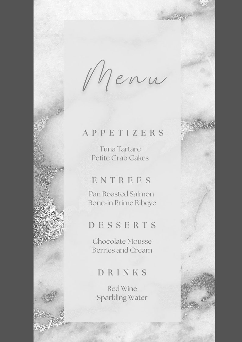 Editable White and Silver Menu Card Template Marble Design - Etsy