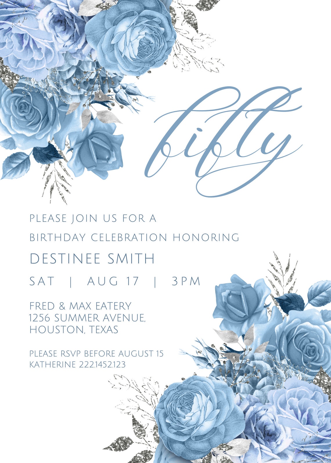 Editable Baby Blue and Silver Floral Invitation, Baby Blue and Silver ...