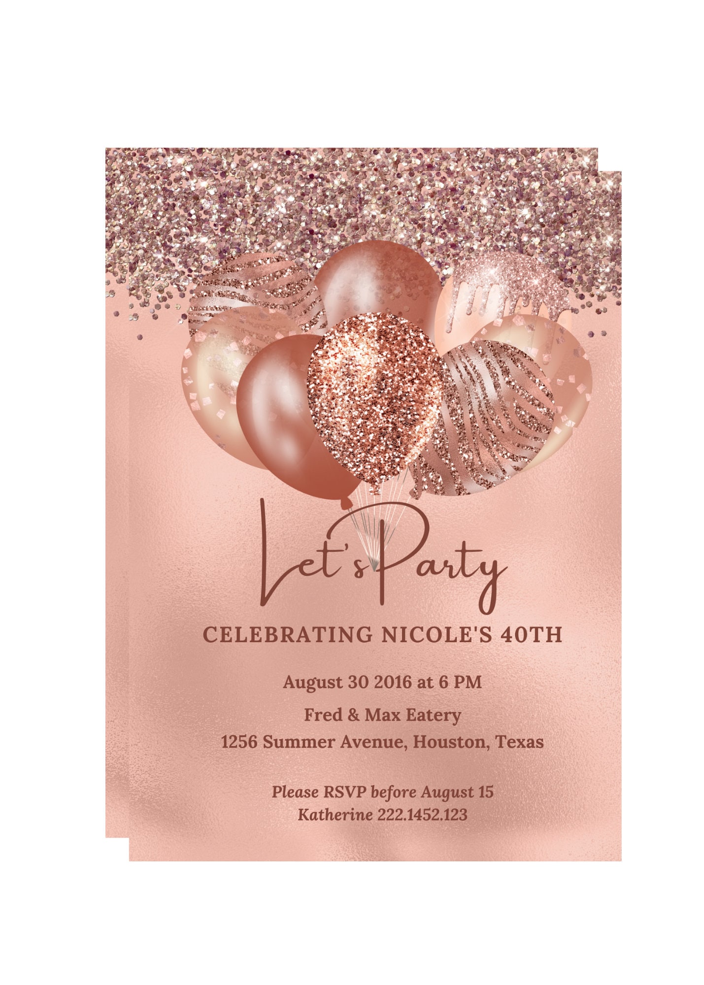 Editable Rose Gold Birthday Invitation, Let's Party Rose Gold Balloons ...