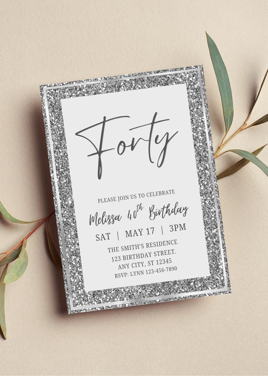 Editable Silver Birthday Invitation, Glitter, Any Occasion, Printable ...