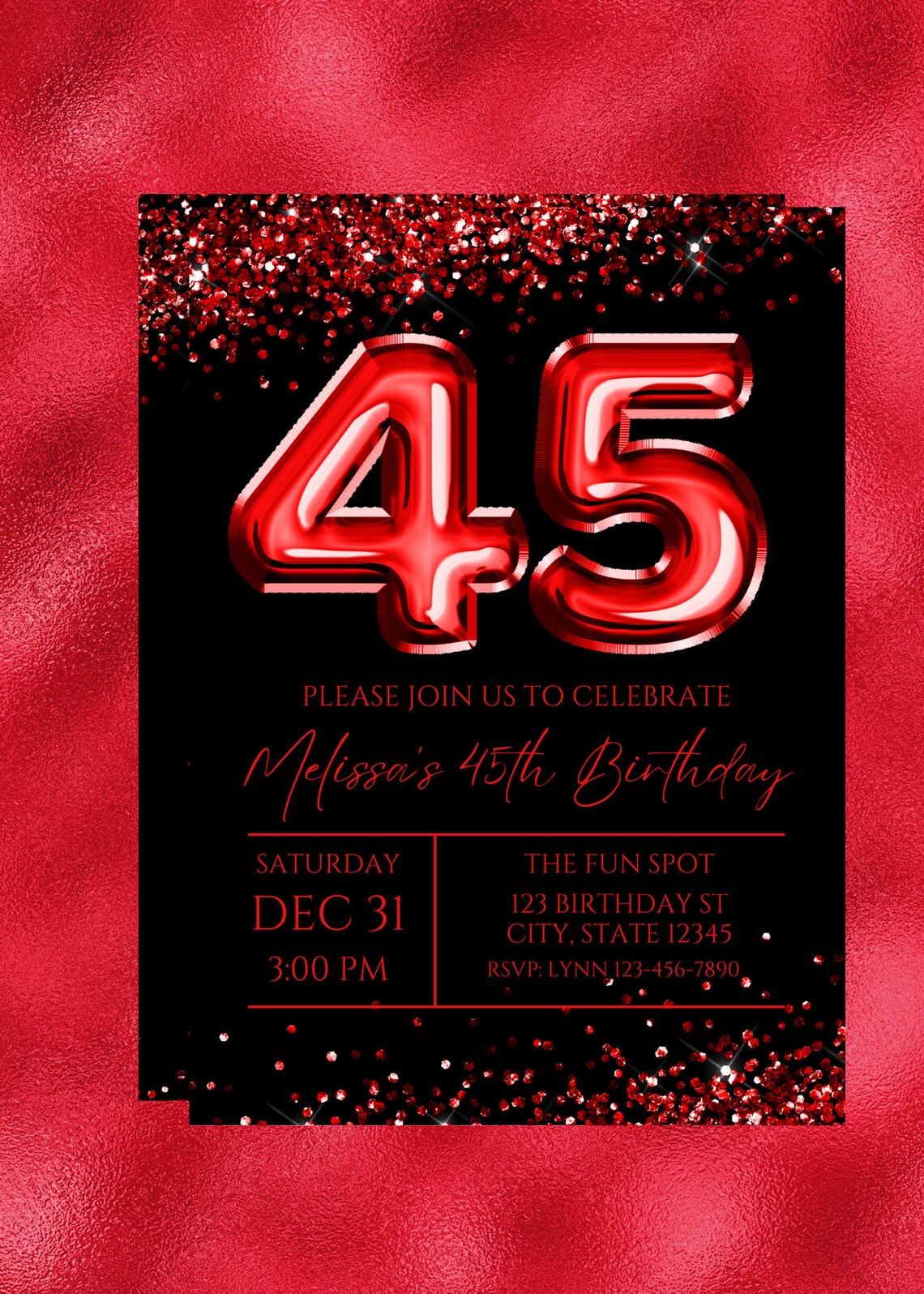 Editable 45th Birthday Invitation, Red and Black Invitation, Red 45 ...