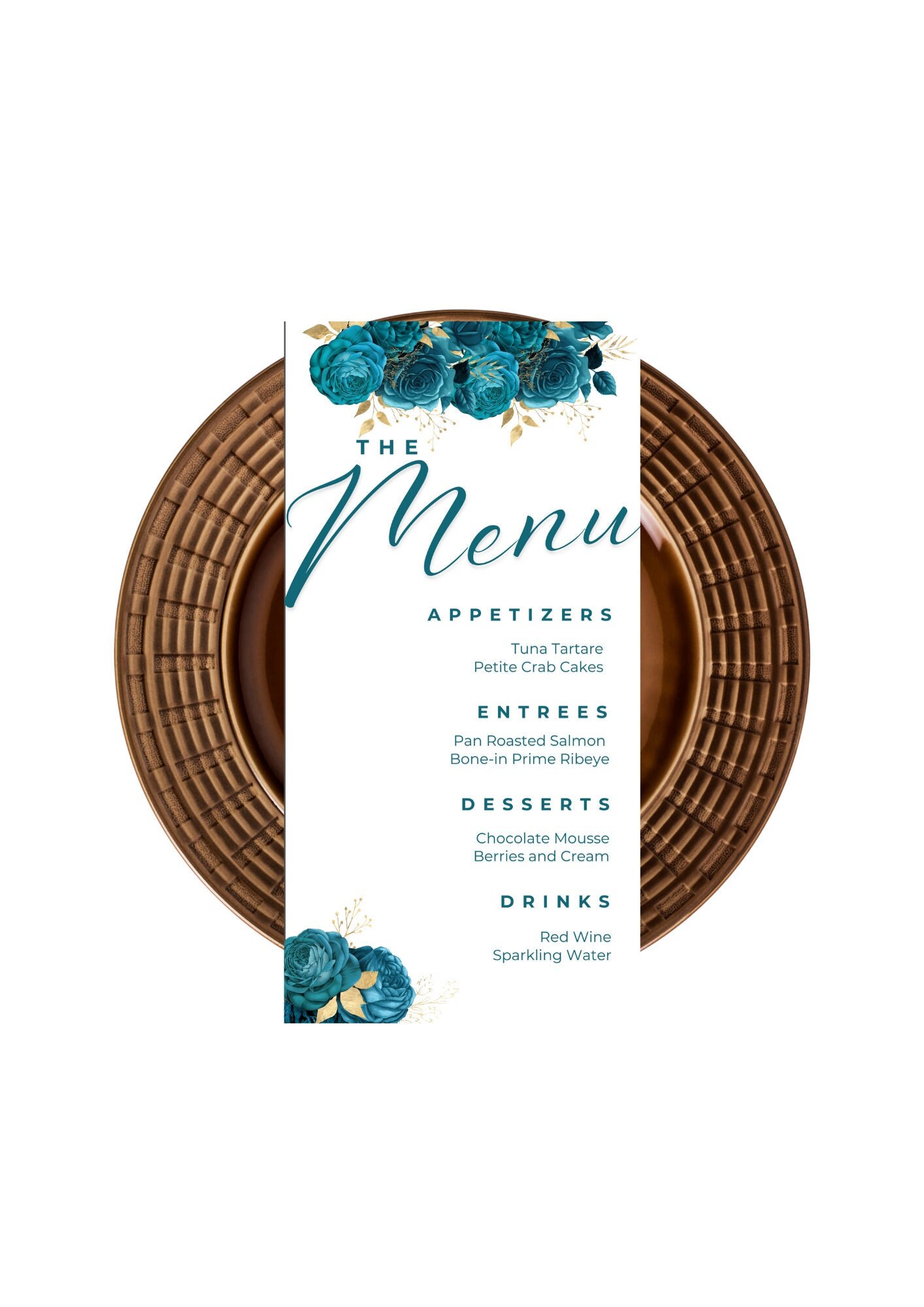Editable Menu Card Template, Teal and Gold Menu Cards, Floral, Dinner ...