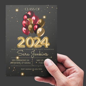 Editable Graduation Invitation 2024, Red and Gold Balloons Graduation ...