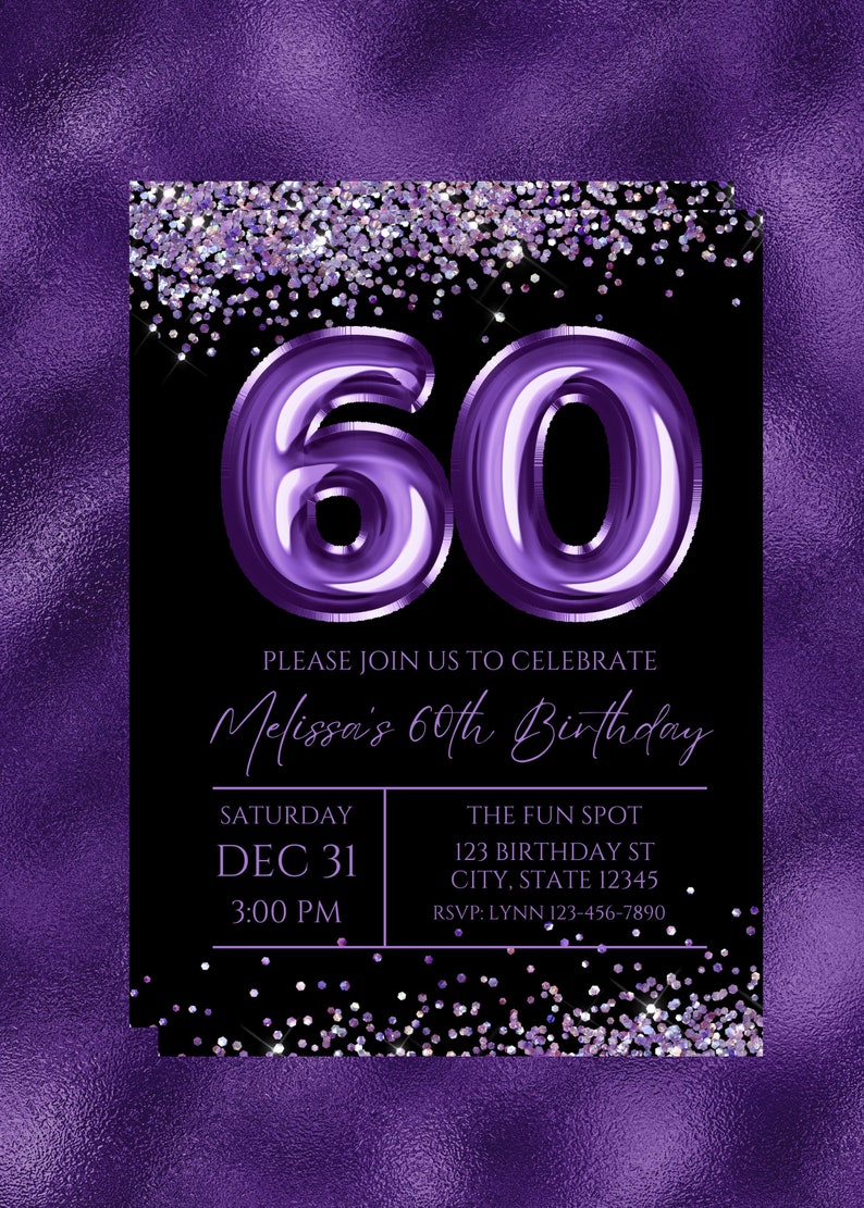 Editable 60th Birthday Invitation Purple and Black - Etsy
