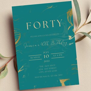 Editable Teal and Gold Birthday Invitation, Teal Marble Invitation ...