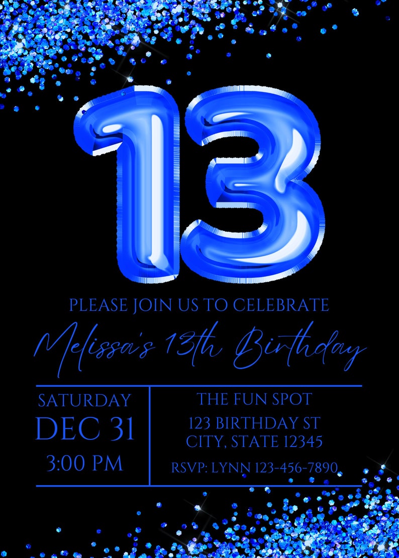 Editable 13th Birthday Invitation, Blue and Black Invitation, Blue 13 ...