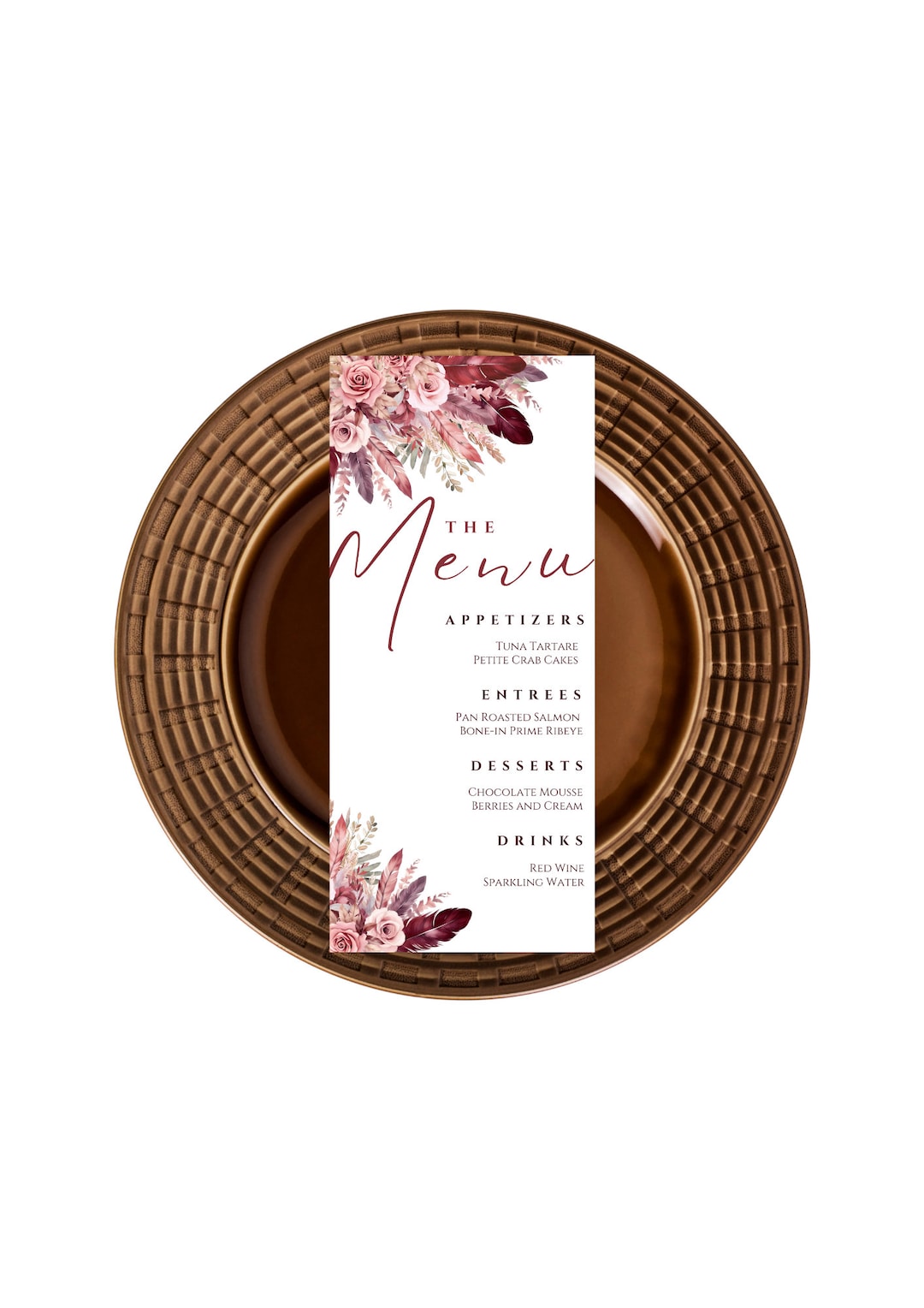 Editable Menu Card Template With Burgundy Boho Florals for Birthdays ...