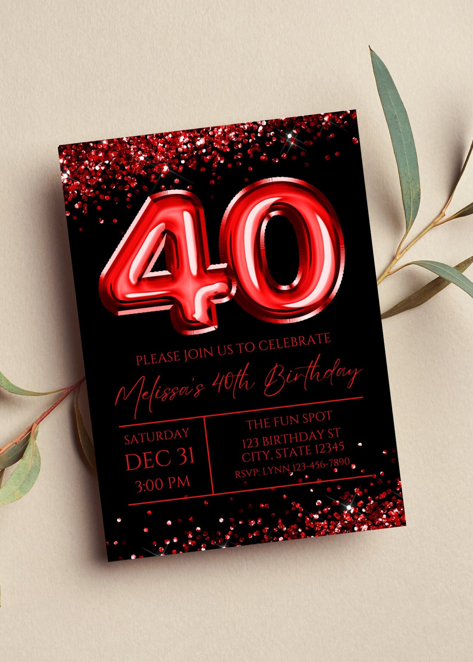 Editable 40th Birthday Invitation, Red and Black Invitation, Red 40 ...