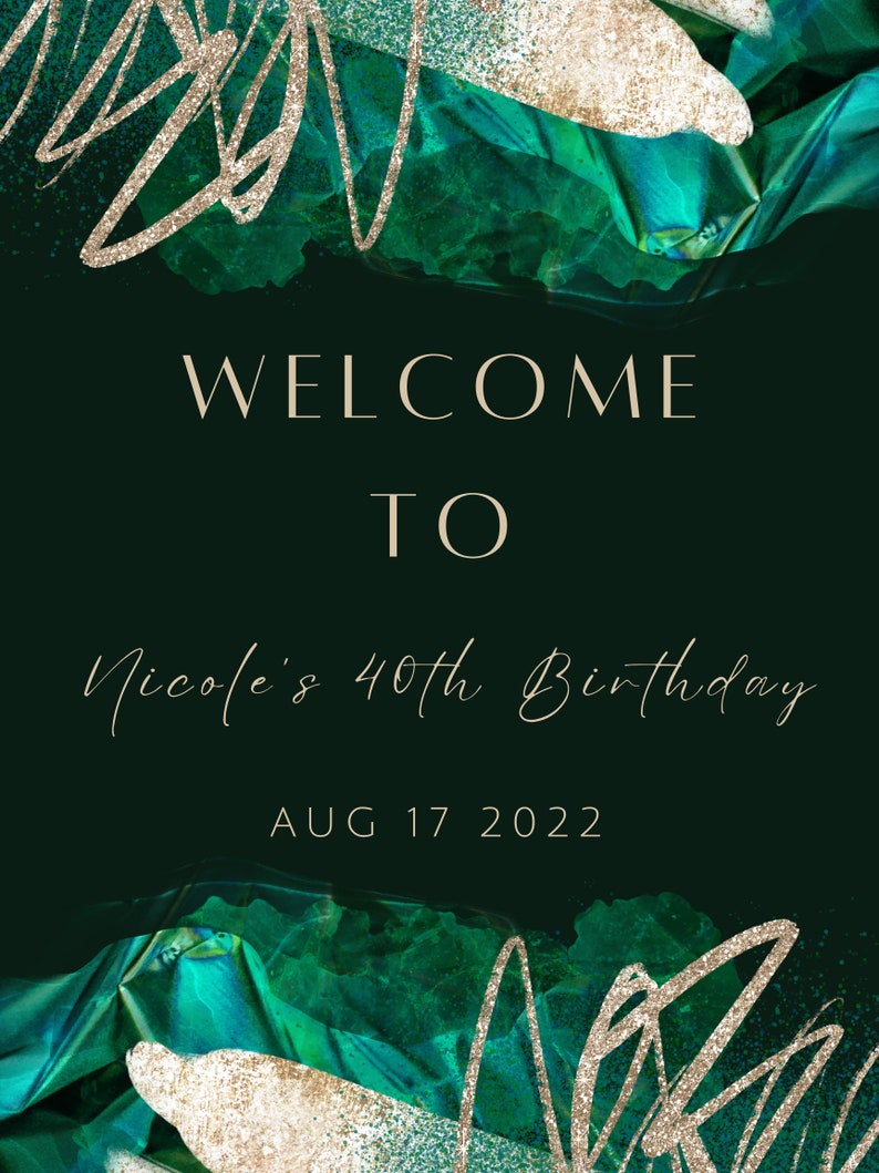 Editable Green and Gold Birthday Welcome Sign Watercolor - Etsy