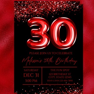 Editable 30th Birthday Invitation, Red and Black Invitation, Red 30 ...