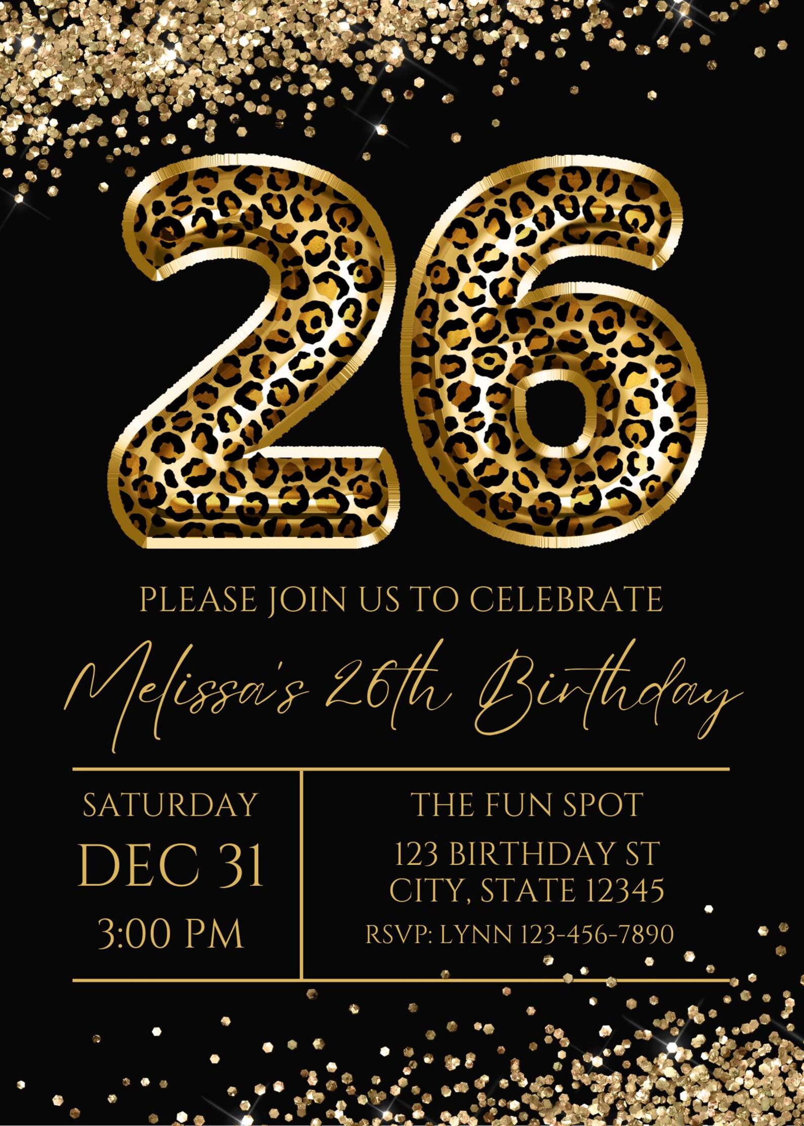 Leopard Print 26th Birthday Invitation Black and Gold, Editable ...