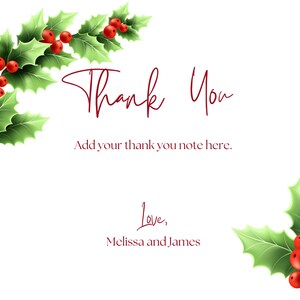 Editable Christmas Thank You Card, Thank You Note, Christmas Holly, Any ...