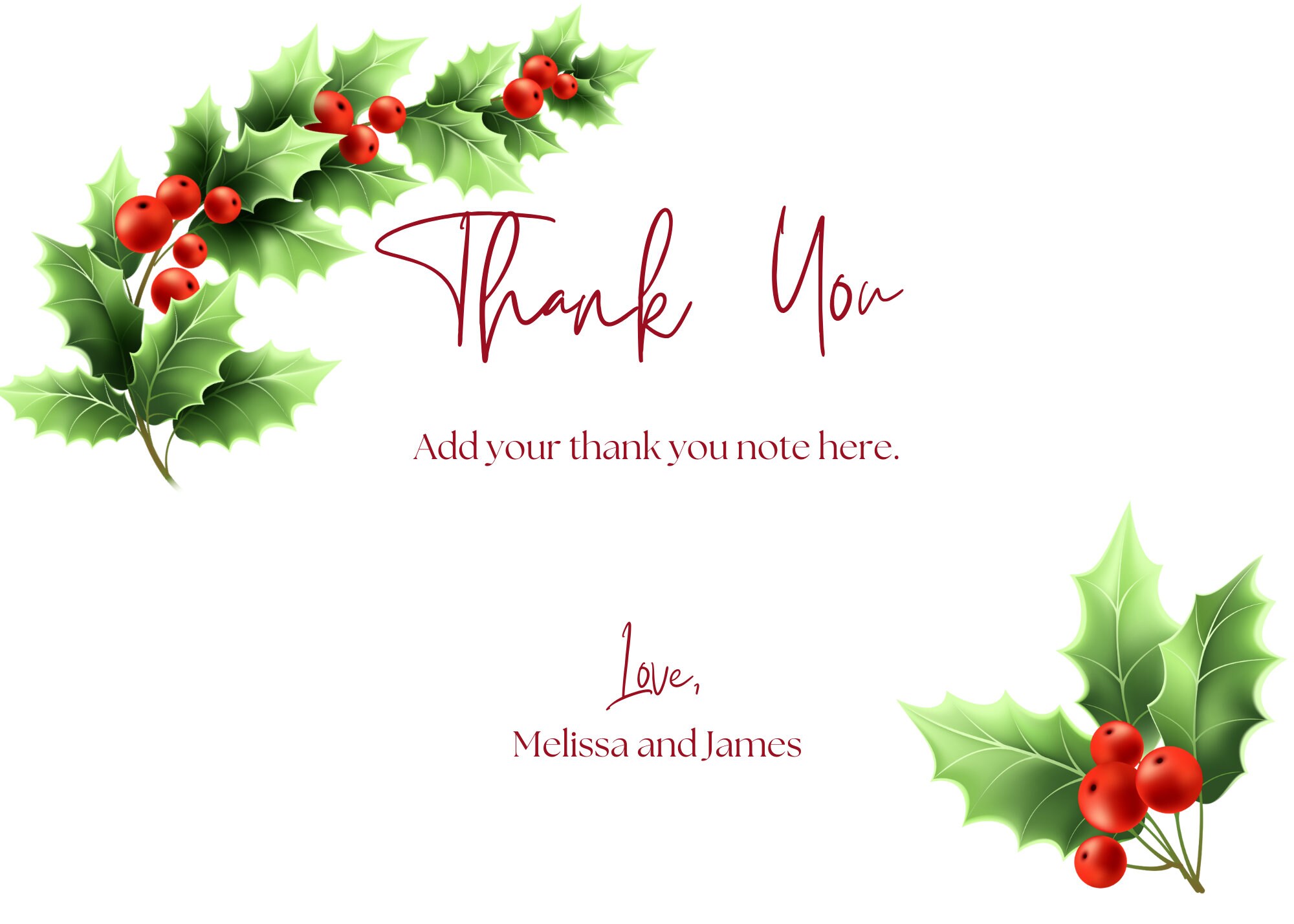 Editable Christmas Thank You Card, Thank You Note, Christmas Holly, Any ...