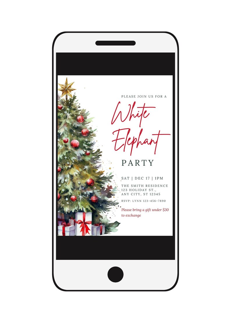 Editable White Elephant Christmas Party Invitation, Watercolor Tree ...