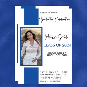 Editable Graduation Invitation Template With Photo, Blue, Graduation ...