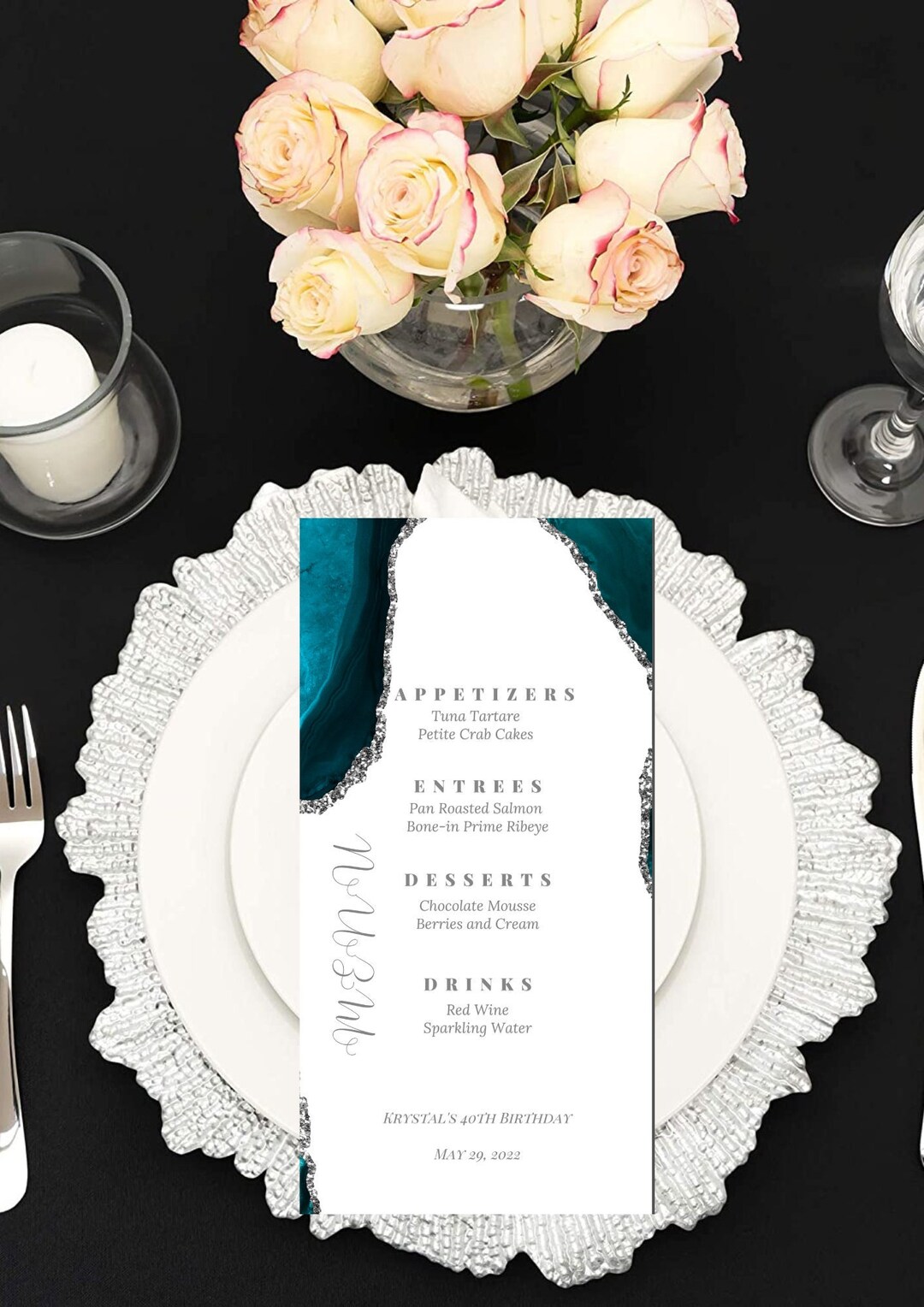 Editable Teal and White Menu Card Template, Menu Cards, Birthday Dinner ...