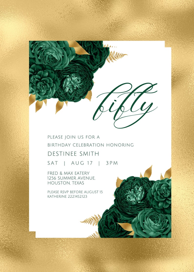 Editable Emerald Green and Gold Floral Invitation Emerald - Etsy