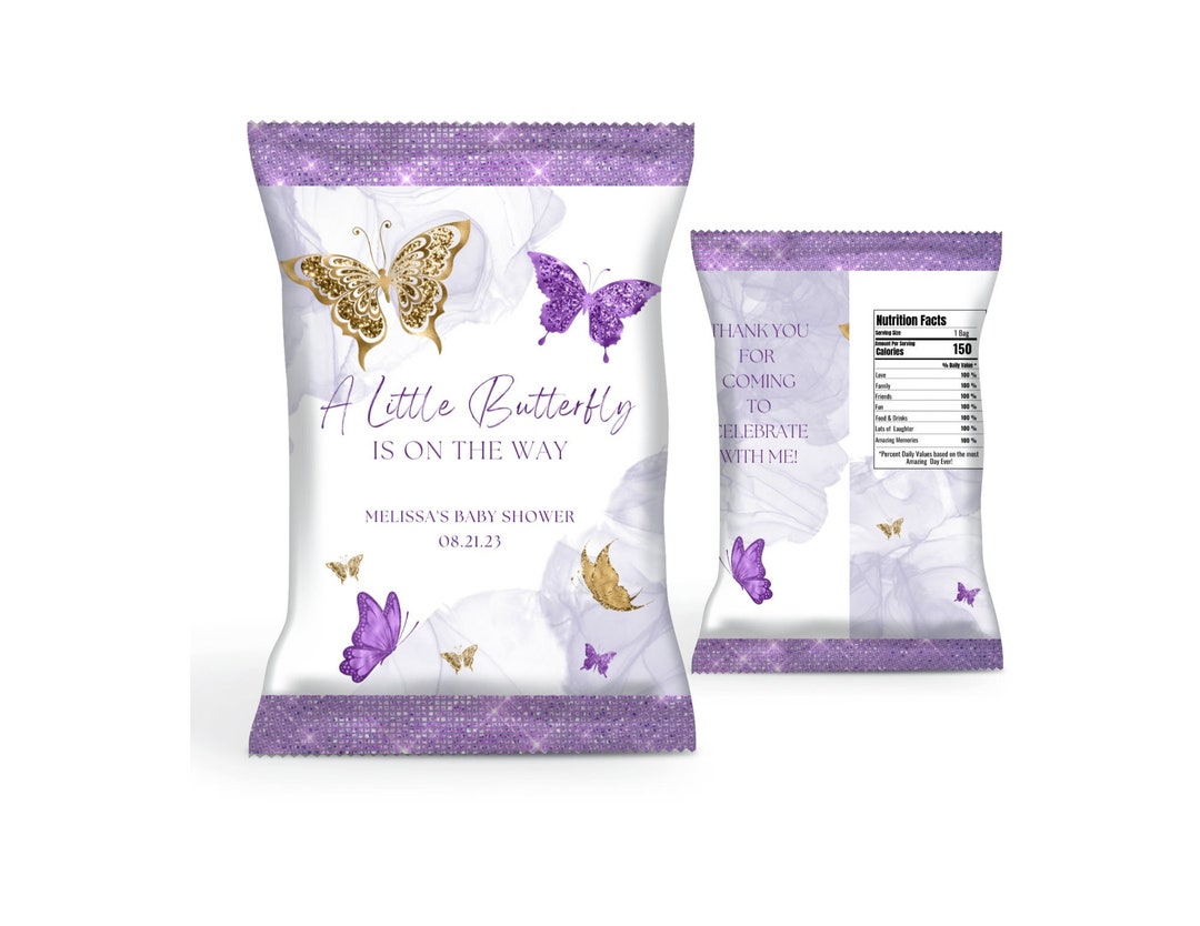 Editable Baby Shower Chip Bag, A Little Butterfly is on the Way, Purple ...