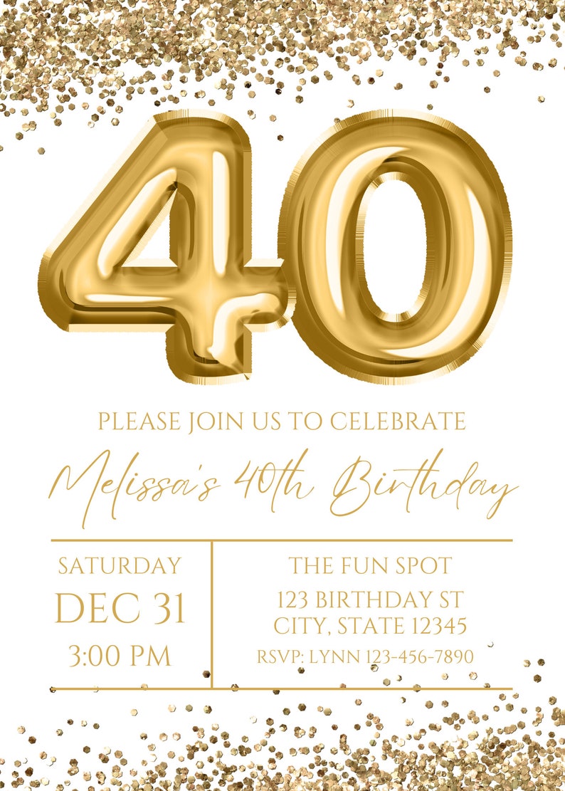 Editable 40th Birthday Invitation, White and Gold Invitation, Gold 40 ...