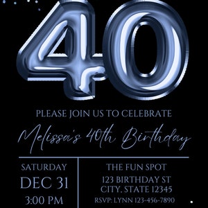 Editable 40th Birthday Invitation, Blue and Black Invitation, Blue 40 ...