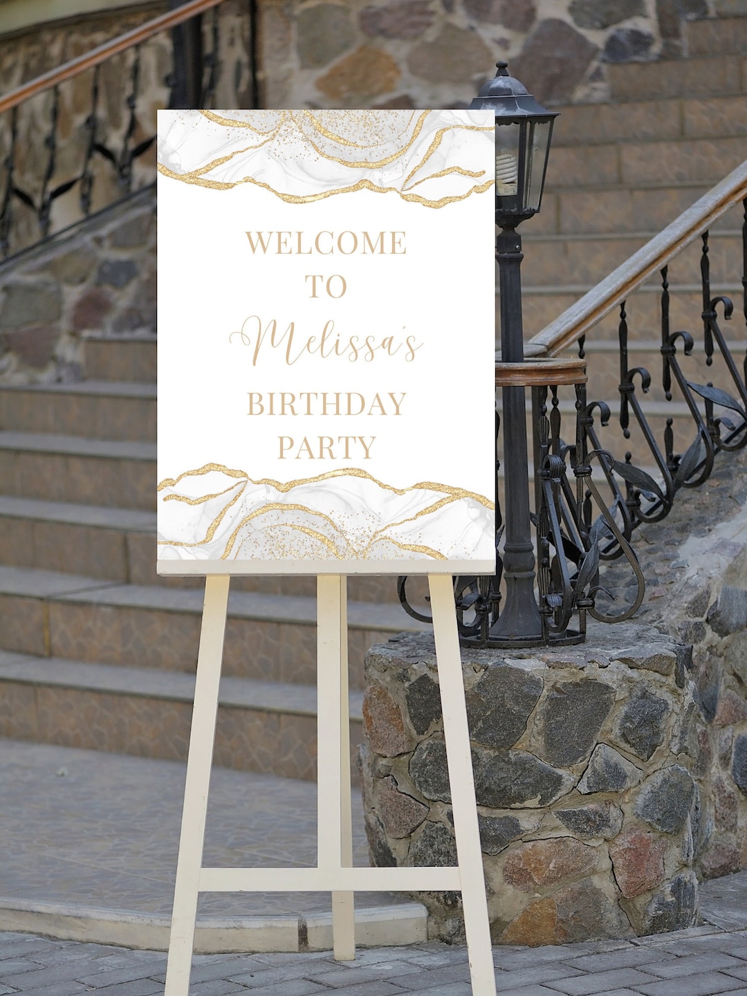 Editable White and Gold Birthday Welcome Sign, Agate, Luxury, Welcome ...