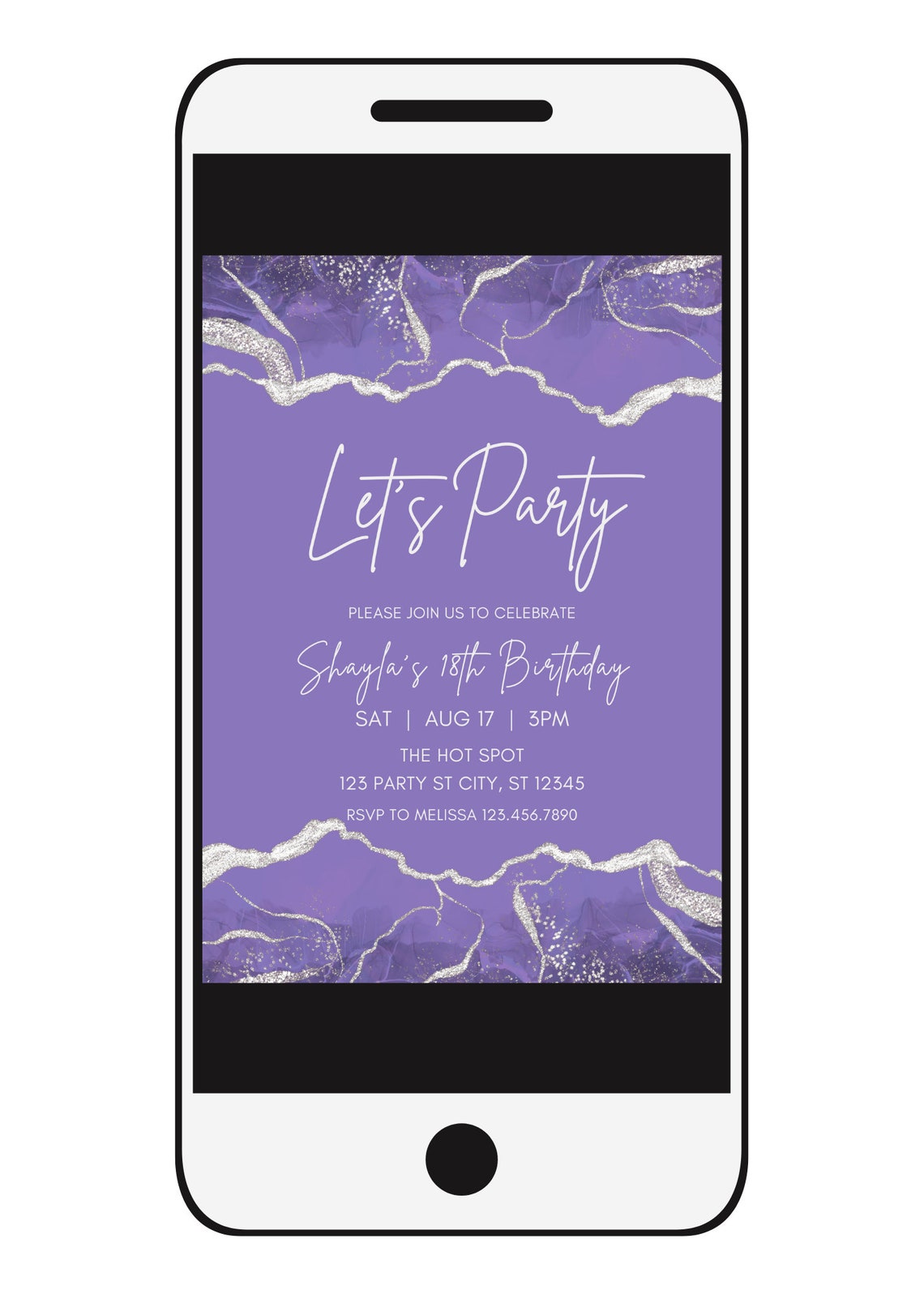 Editable Let's Party Invitation, Lavender and Silver, Purple, Printable ...