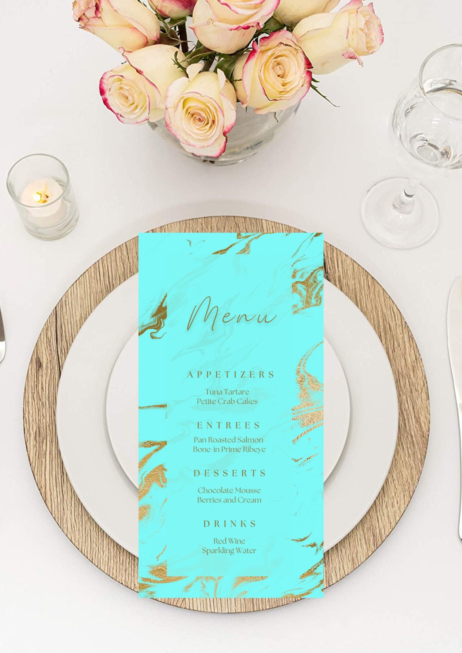 Editable Aqua Blue and Gold Menu Card Template, Marble Design, Luxury ...