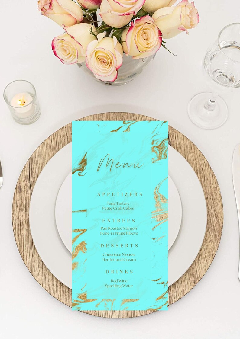 Editable Aqua Blue and Gold Menu Card Template, Marble Design, Luxury ...