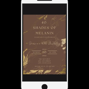 Editable Shades of Melanin Invitation, Brown and Gold Marble, Birthday ...
