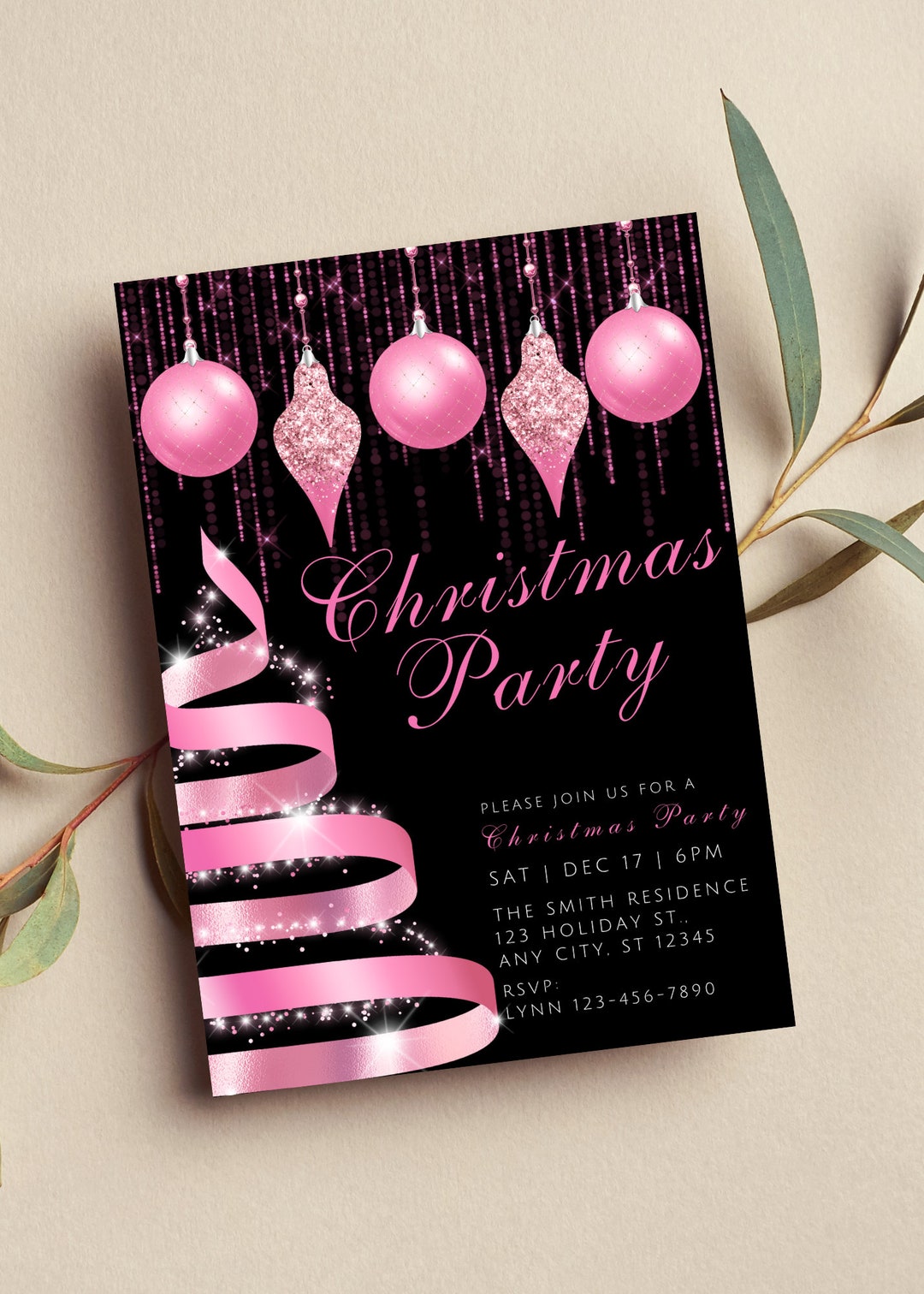 Editable Pink Christmas Party Invitation, Girl's Holiday, Printable or ...