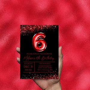 Editable 6th Birthday Invitation, Red and Black Invitation, Red 6 ...