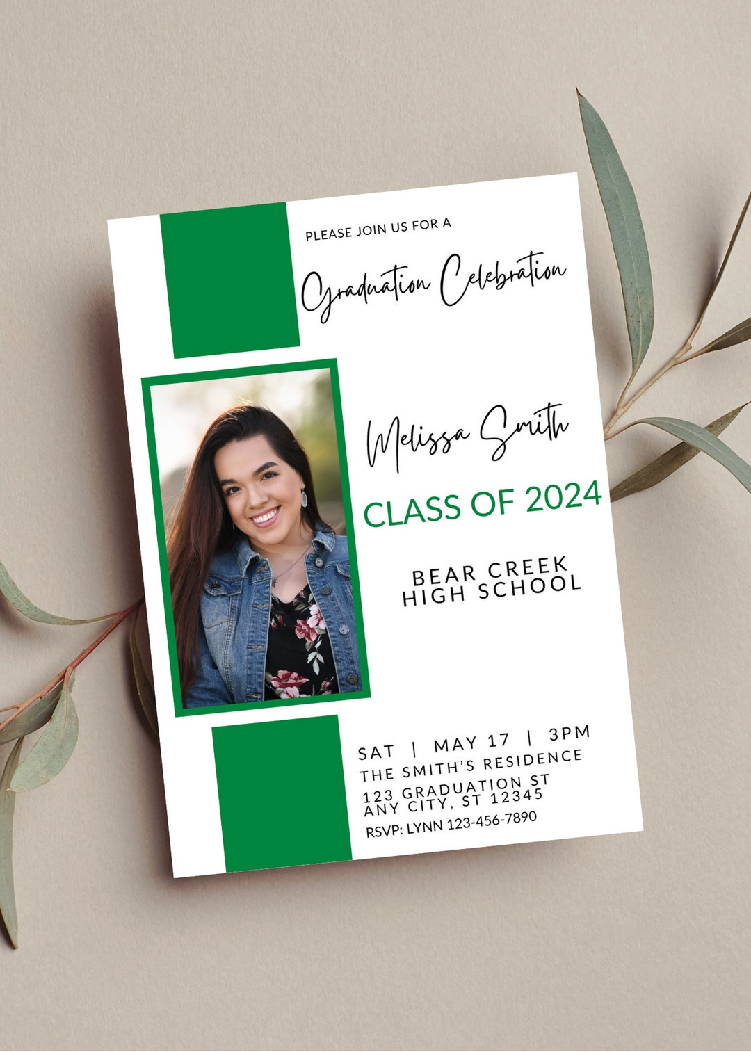 Editable Graduation Invitation Template With Photo, Green, Graduation ...