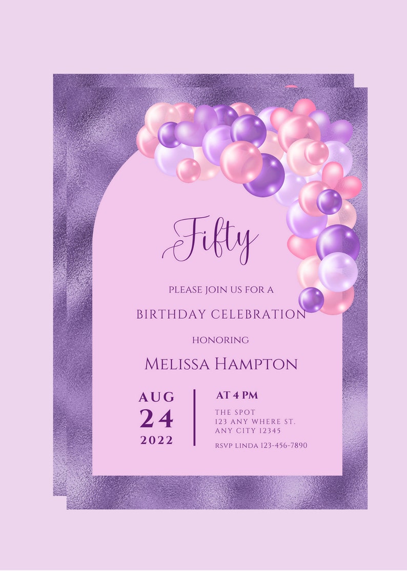 Editable Pink and Purple Birthday Invitation Pink and Purple - Etsy