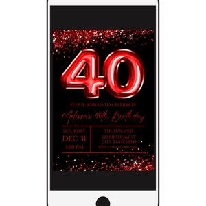 Editable 40th Birthday Invitation, Red and Black Invitation, Red 40 ...