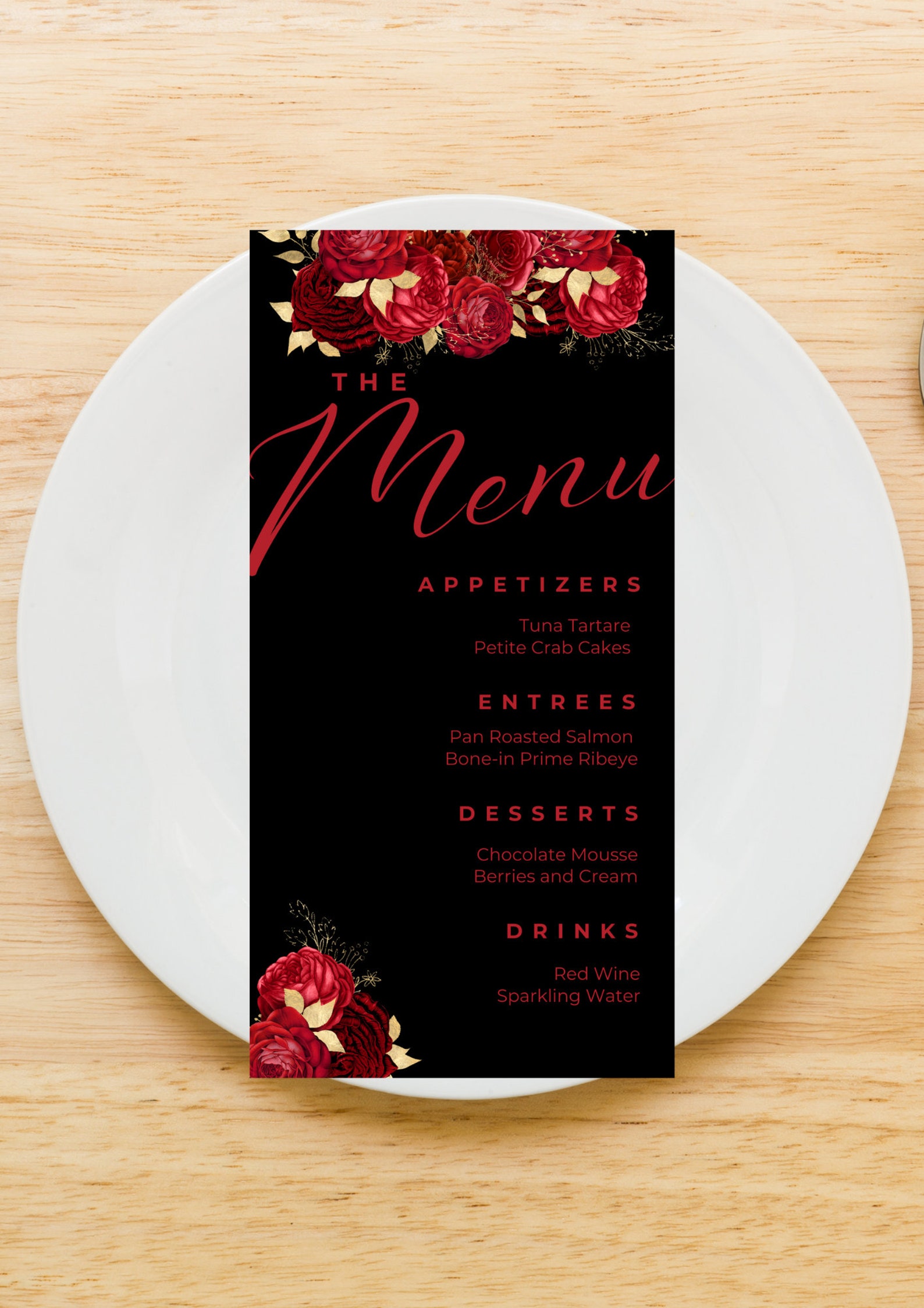 Editable Menu Card Template, Red, Black and Gold Menu Cards, Floral ...