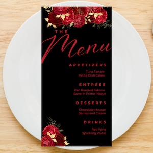 Editable Menu Card Template, Red, Black and Gold Menu Cards, Floral ...