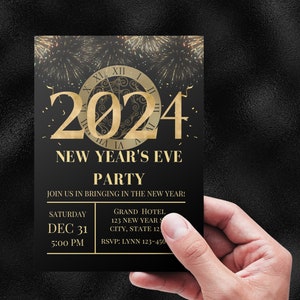 Editable New Years Eve Invitation, New Years Party 2024, Black and Gold ...