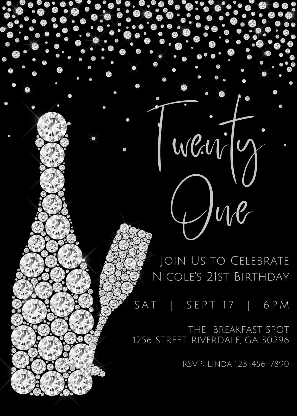 Editable 21st Birthday Invitation, Black and Silver, Glam, Printable or ...
