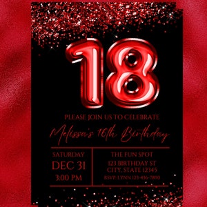 Editable 18th Birthday Invitation, Red and Black Invitation, Red 18 ...