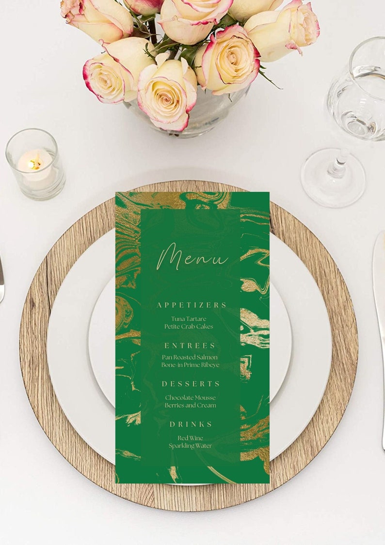 Editable Green and Gold Menu Card Template, Marble Design, Luxury, Menu ...