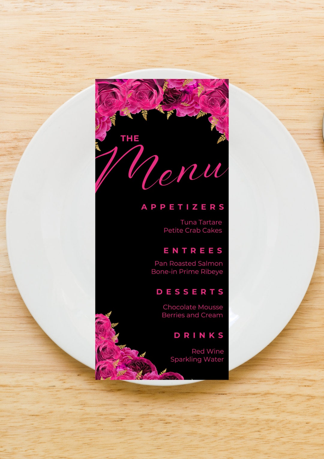 Editable Menu Card Template, Hot Pink, Black and Gold Menu Cards ...