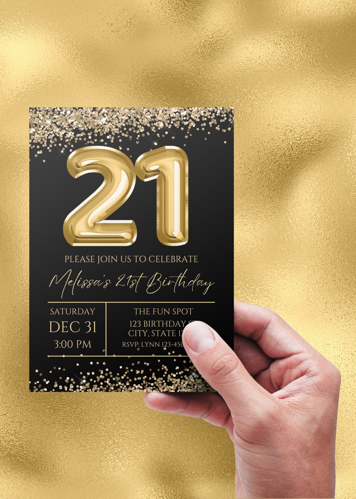 Editable 21st Birthday Invitation, Black and Gold Invitation, Gold 21 ...