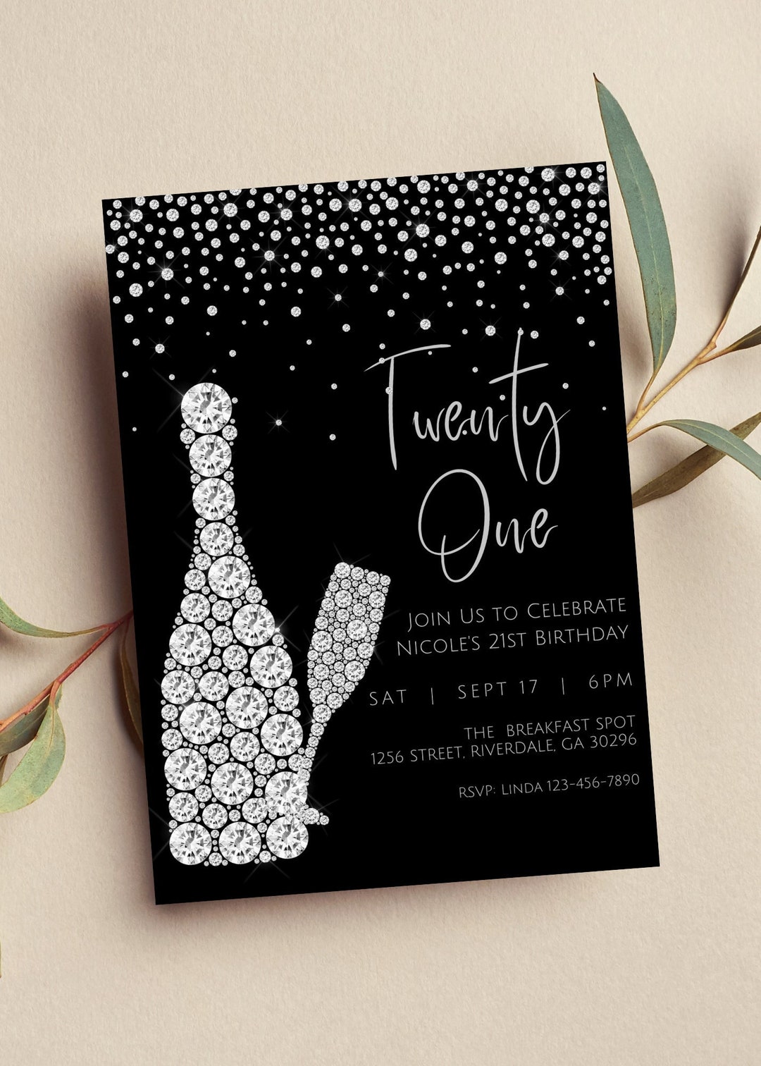 Editable 21st Birthday Invitation, Black and Silver, Glam, Printable or ...
