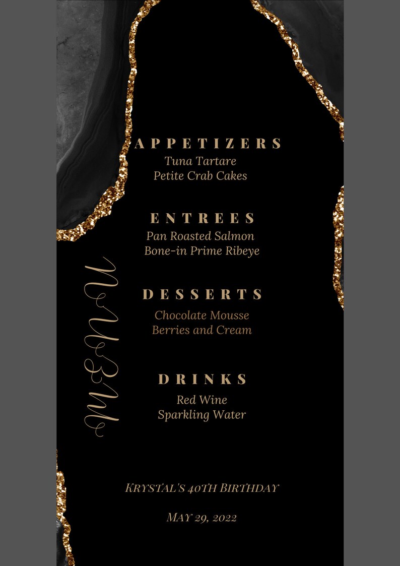 Editable Birthday Party Menu Card Template Black and Gold - Etsy
