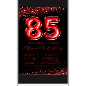 Editable 85th Birthday Invitation, Red and Black Invitation, Red 85 ...