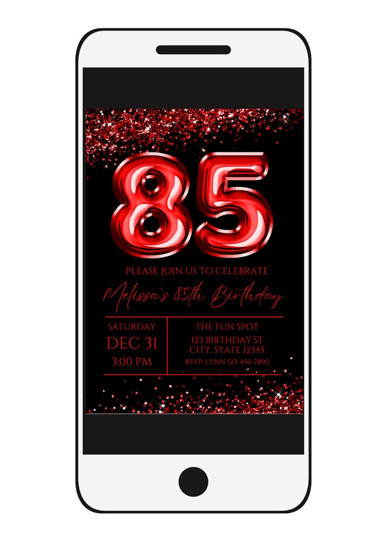 Editable 85th Birthday Invitation, Red and Black Invitation, Red 85 ...