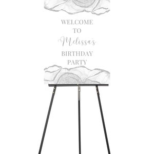 Editable White and Silver Birthday Welcome Sign, Agate, Luxury, Welcome ...