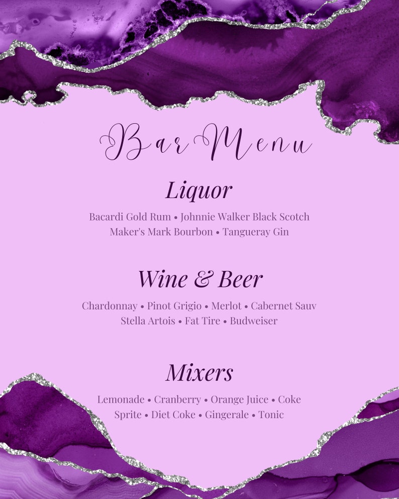 Editable Purple and Silver Bar Menu Card Template Full Size - Etsy